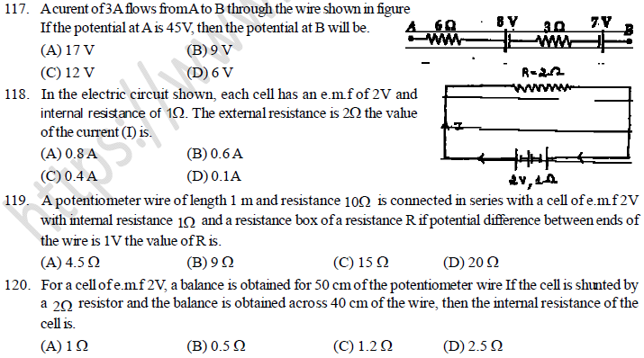 NEET UG Physics Current Electricity MCQs, Multiple Choice Questions